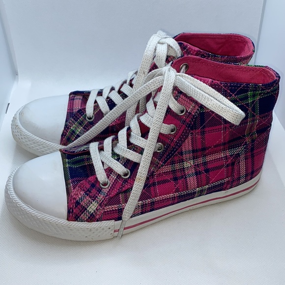 Justice | Shoes | Justice Pink Green Plaid High Top Sneakers Sz 3 ...